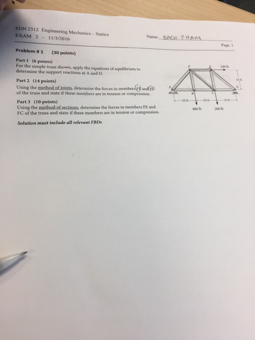 Solved For the simple truss shown, apply the equations of | Chegg.com