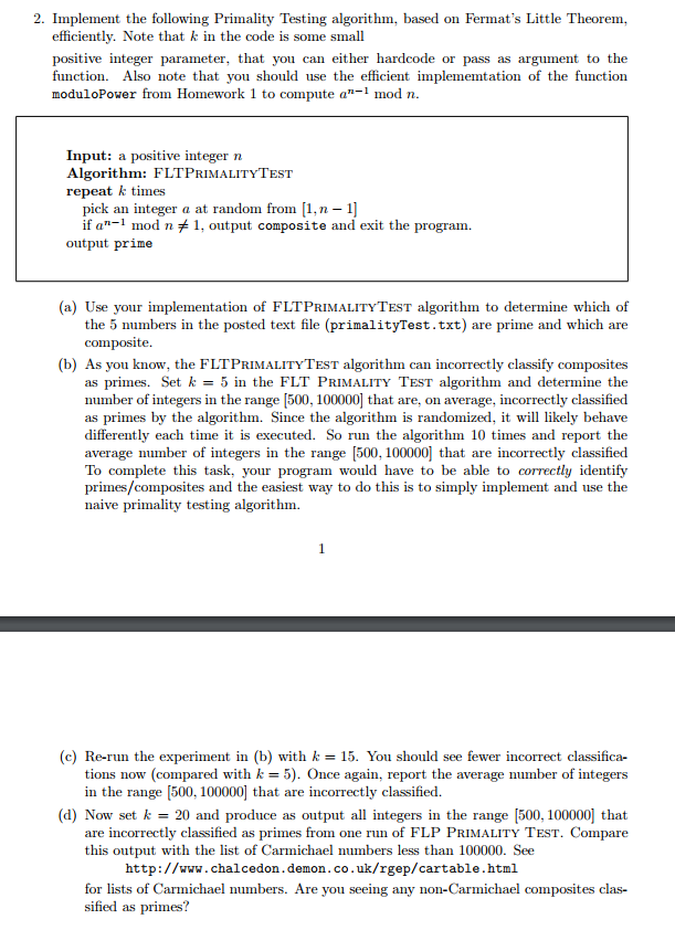 2. Implement the following Primality Testing | Chegg.com