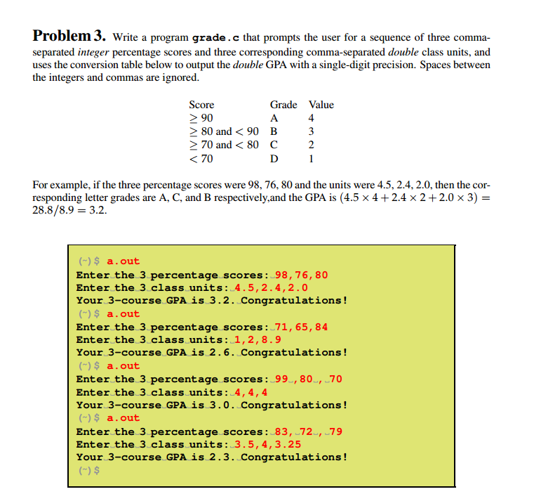 Solved Write a C program grade.c that prompts the user for a | Chegg.com