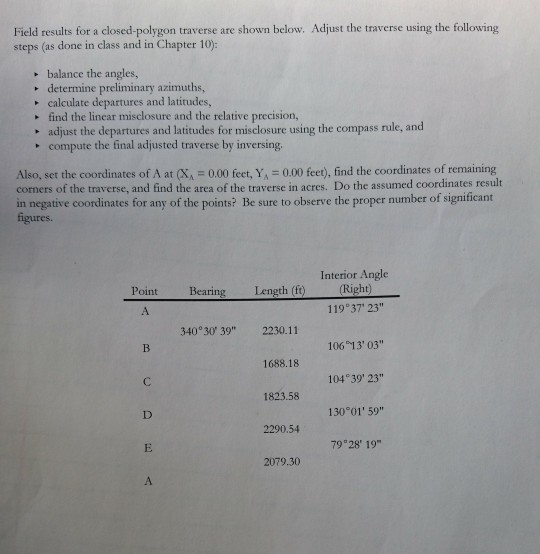 Solved Field Results For A Closed Polygon Traverse Are Shown