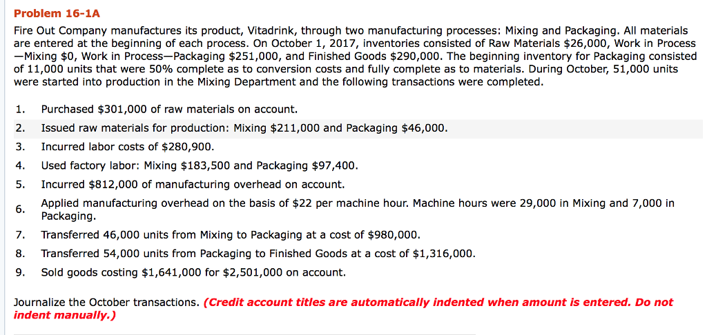 Solved Problem 16-1A Fire Out Company manufactures its | Chegg.com