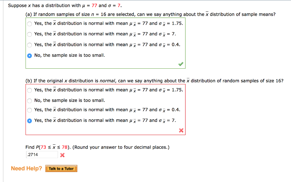 Solved Suppose x has a distribution with mu = 77 and sigma = | Chegg.com