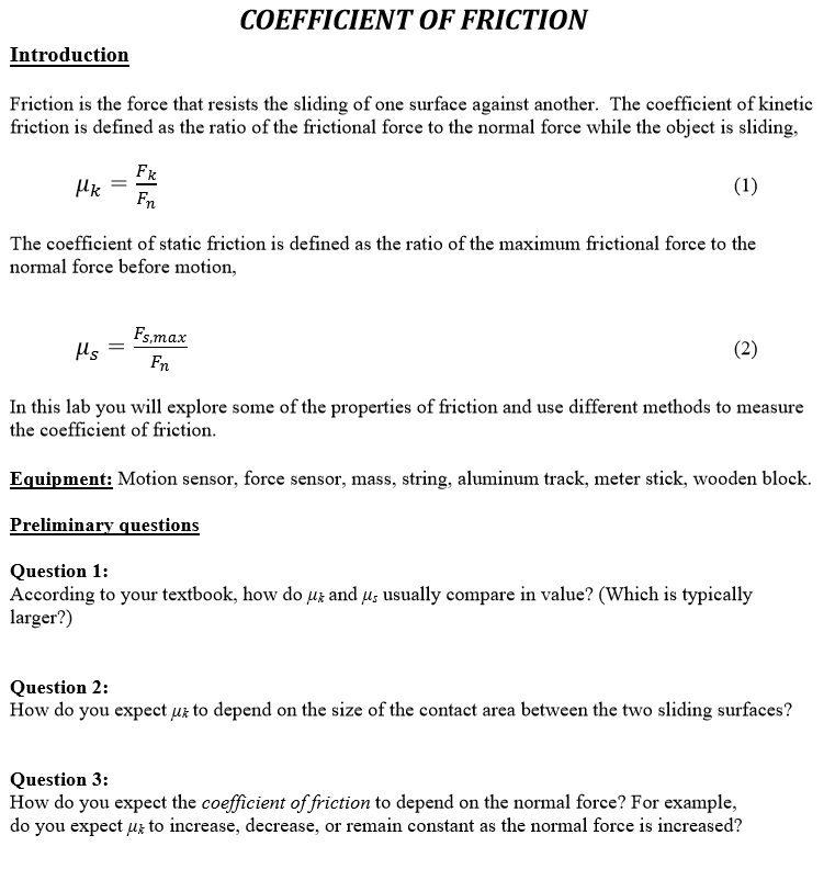 Solved COEFFICIENT OF FRICTION Introduction Friction is the | Chegg.com