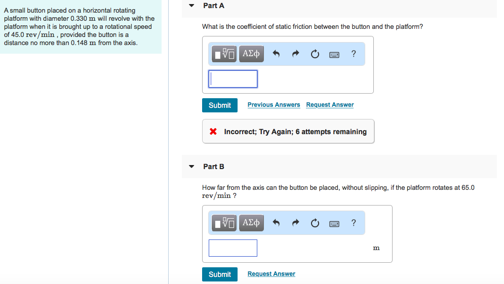 Solved Part A A small button placed on a horizontal rotating | Chegg.com