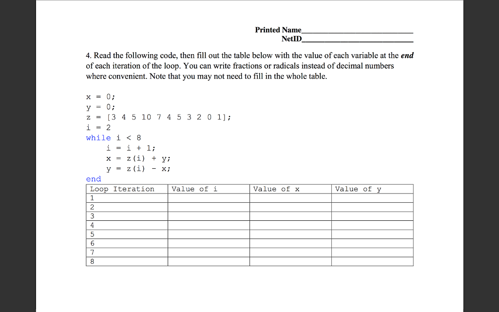 Solved Read the following code, then fill out the table | Chegg.com