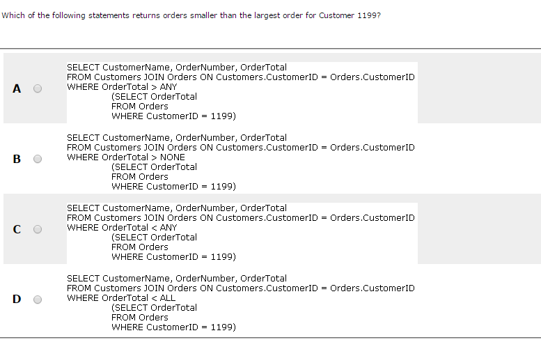 Solved Which of the following statements returns order | Chegg.com