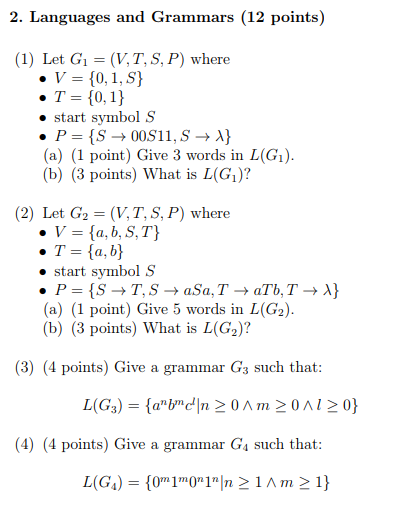 Solved 2. Languages and Grammars (12 points) (1) Let | Chegg.com
