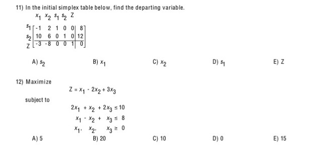 Solved 11) In the initial simplex table below, find the | Chegg.com