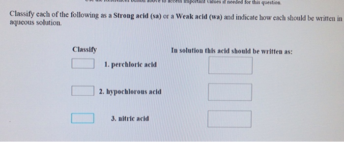 Solved Classify each of the following as a Strong acid (sa) | Chegg.com