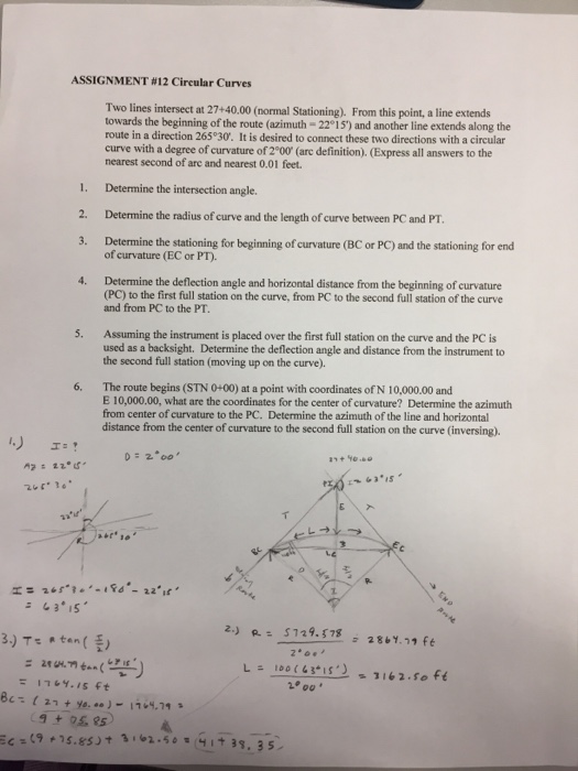 Solved ASSIGNMENT#12 Circular Curves Two lines intersect at | Chegg.com
