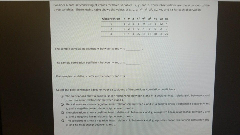 Solved Consider a data set consisting of values for three | Chegg.com
