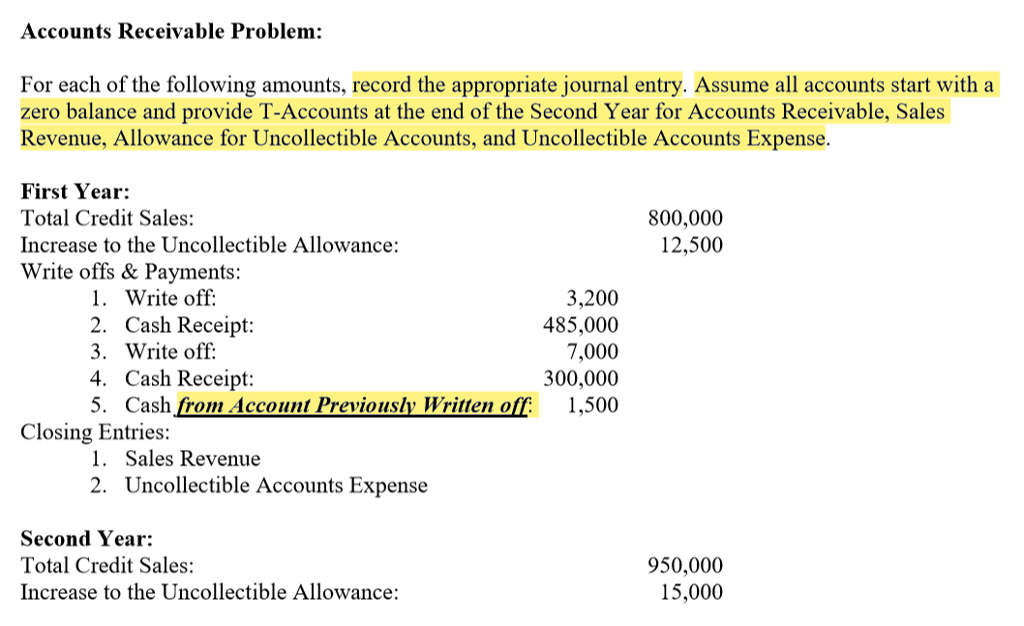 Solved Accounts Receivable Problem: For each of the | Chegg.com