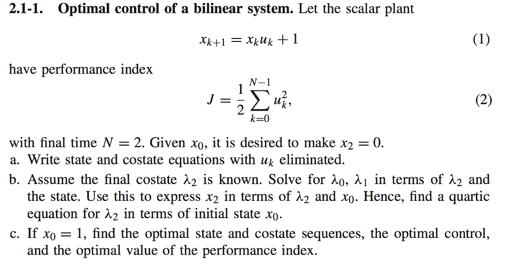 2.1-1. Optimal control of a bilinear system. Let the | Chegg.com