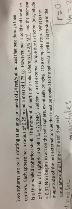 Solved two spheres each rotating at an angular speed of 24 | Chegg.com
