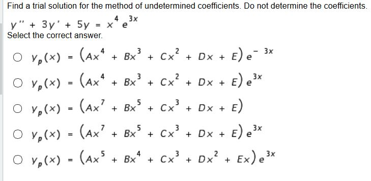 Solved Find a trial solution for the method of undetermined | Chegg.com