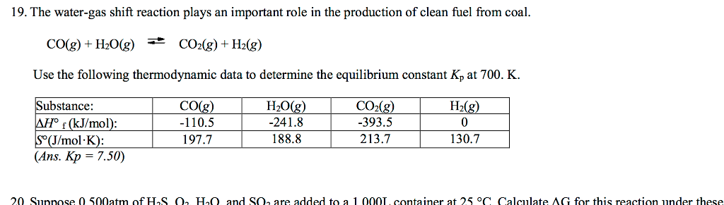 Solved The water-gas shift reaction plays an important role | Chegg.com
