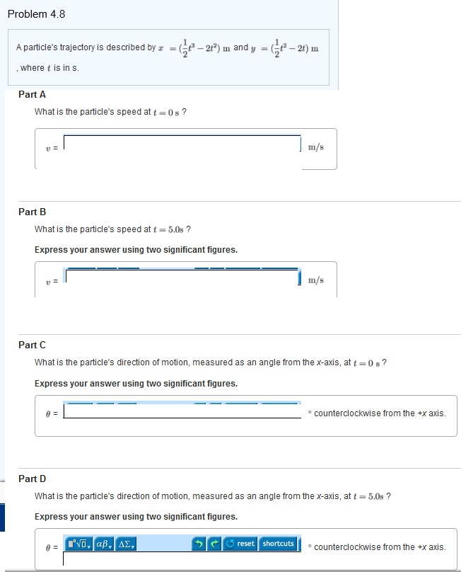 Solved A particle's trajectory is described by x = | Chegg.com