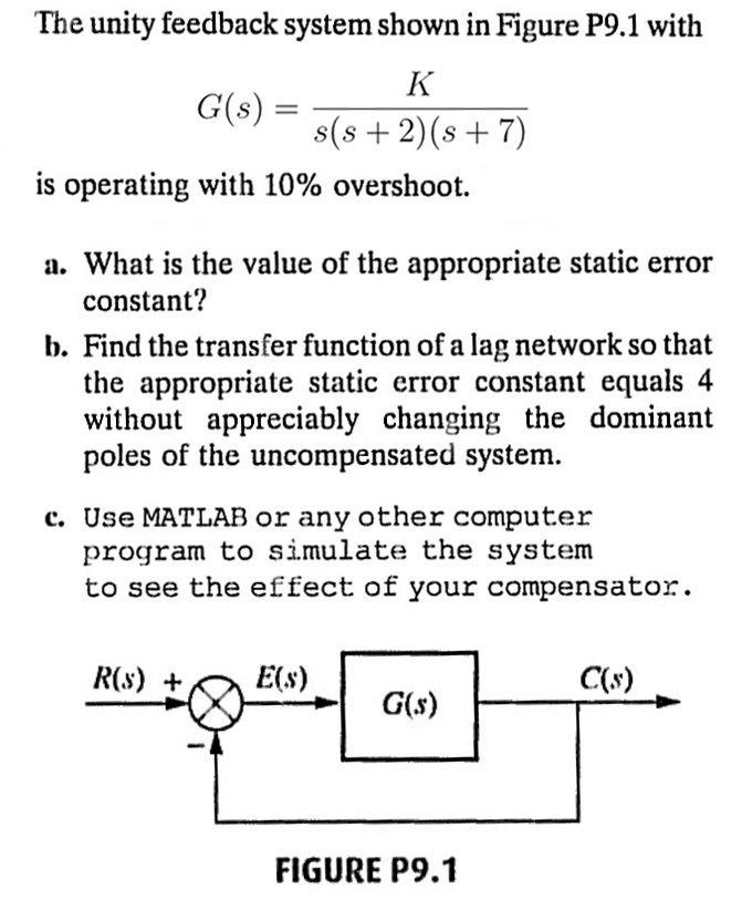 The unity feedback system shown in Figure P9.1 with | Chegg.com