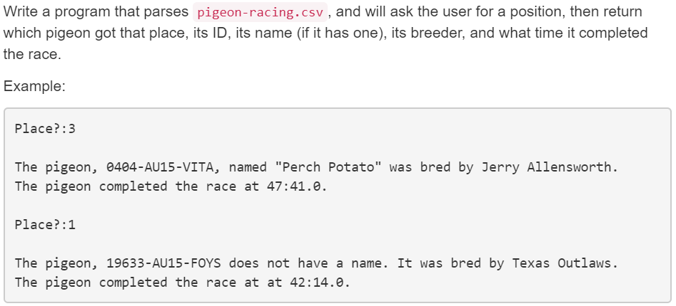 Write a program that parses pigeon-racing.csv, and | Chegg.com