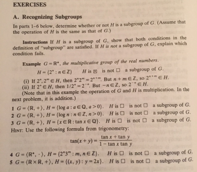 Solved EXERCISES A. Recognizing Subgroups n parts 1-6 below, | Chegg.com