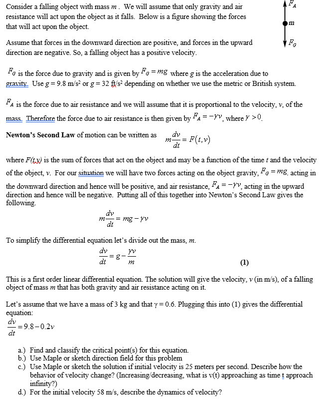 Solved Consider A Falling Object With Mass M We Will Assume