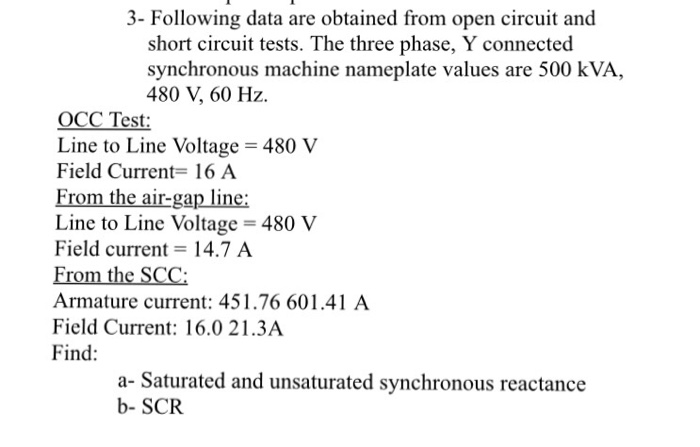 Solved Following data are obtained from open circuit and | Chegg.com