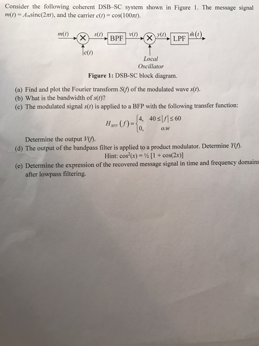 Solved Consider The Following Coherent Dsb Sc System Shown