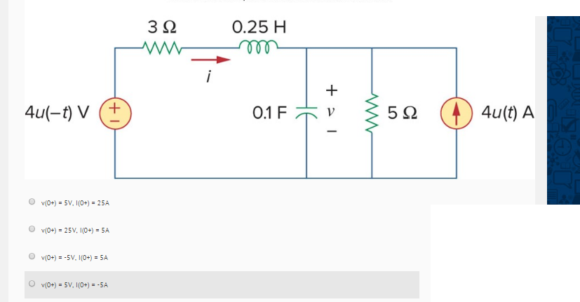 Solved v(0+) = 5V, I(0+) = 25A v(0+) = 25V, I(0+) = 5A | Chegg.com