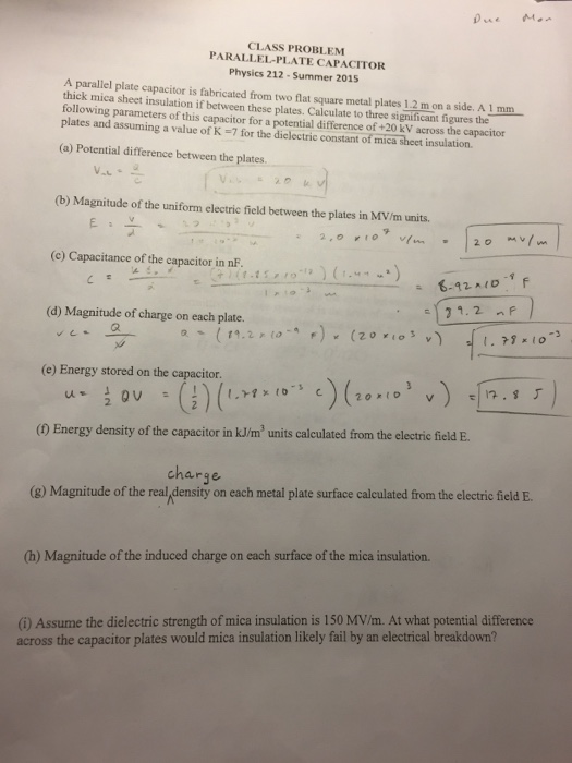 Solved Due CLASS PROBLEM PARALLEL CAPACITOR A Physics 212 | Chegg.com