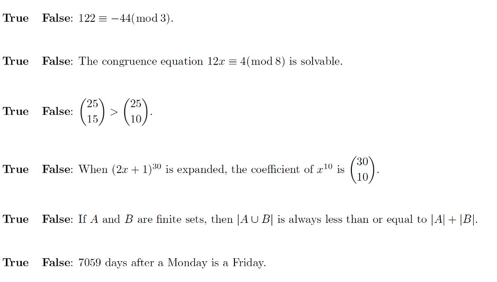 Solved Discrete math problem. True False: 122 Congruent 44 | Chegg.com