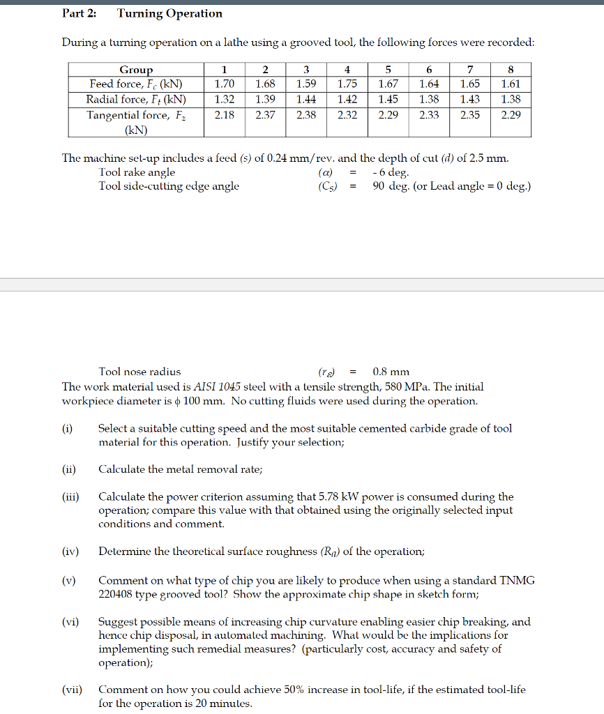 Part 2: Turning Operation During a turning operation | Chegg.com