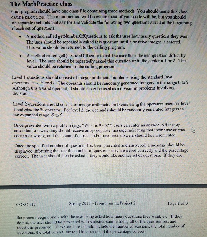 Solved The MathPractice class Your program should have one | Chegg.com