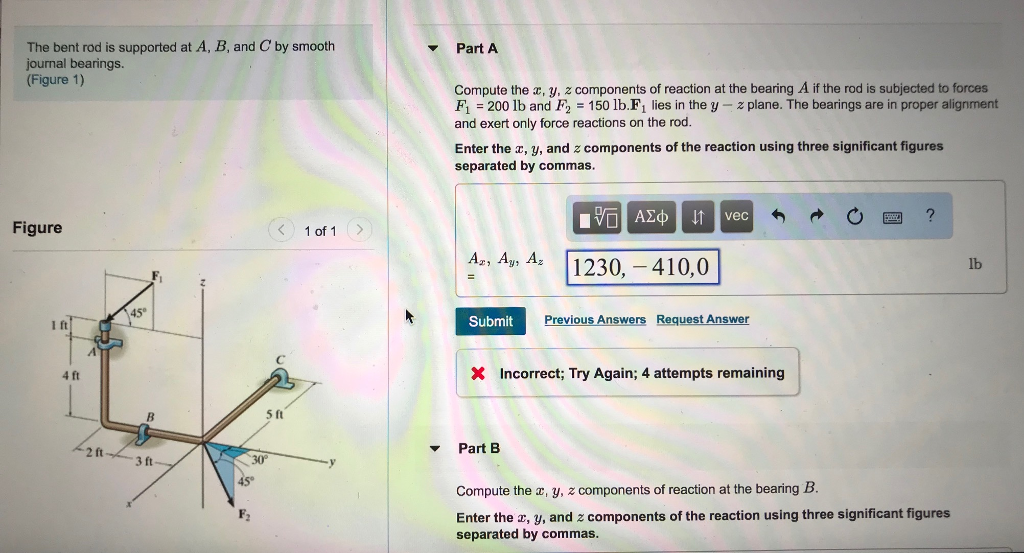 Solved The bent rod is supported at A, B, and C by smooth | Chegg.com