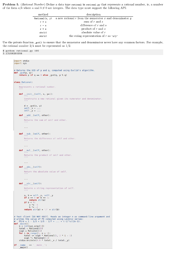 Solved Define a data type rational in rational.py that | Chegg.com