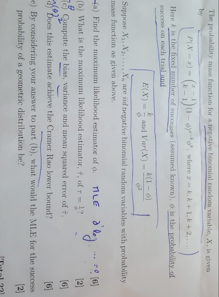 Solved The probability mass function for a negative binomial | Chegg.com
