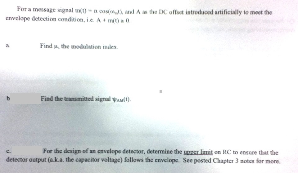 Solved For a message signal m(t)=alpha coa(wmt), and A an I | Chegg.com