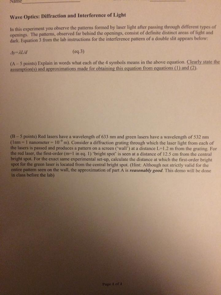 Solved Wave Optics: Diffraction and Interference of Light In | Chegg.com