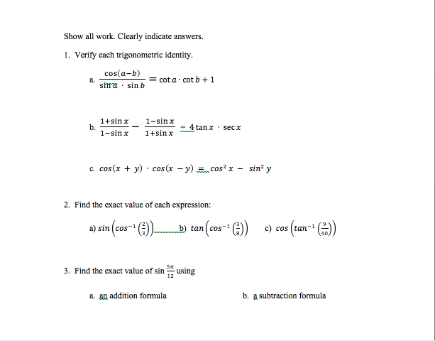 Solved Show all work. Clearly indicate answers. 1. Verify | Chegg.com