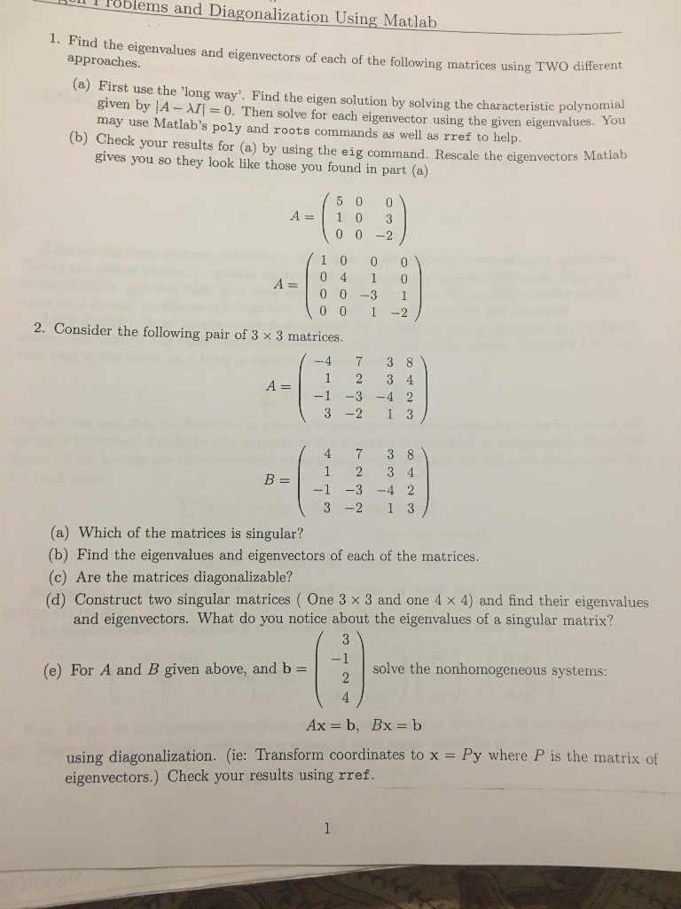 Solved Lull L Ms And Diagonalization Using Matlab Poblems
