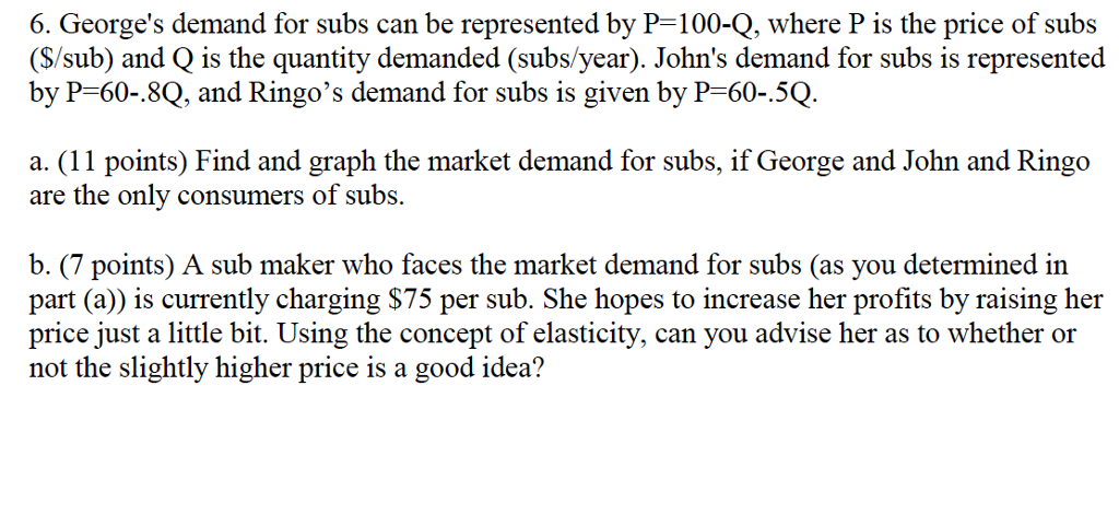 Solved 6. George's demand for subs can be represented by | Chegg.com