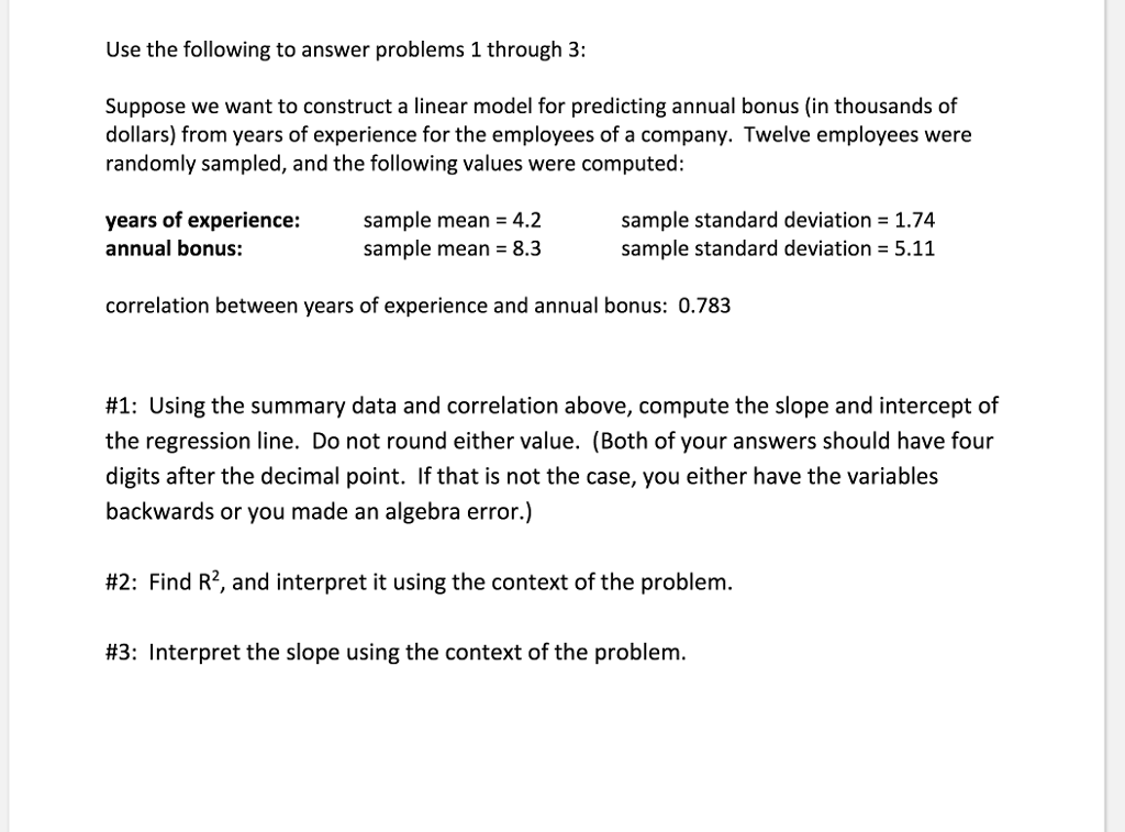 Solved Use the following to answer problems 1 through 3: | Chegg.com