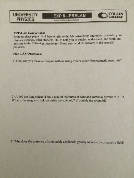 Solved COLLIN COLLEGE PHYSICS PRE-LAB Instructions: Print | Chegg.com