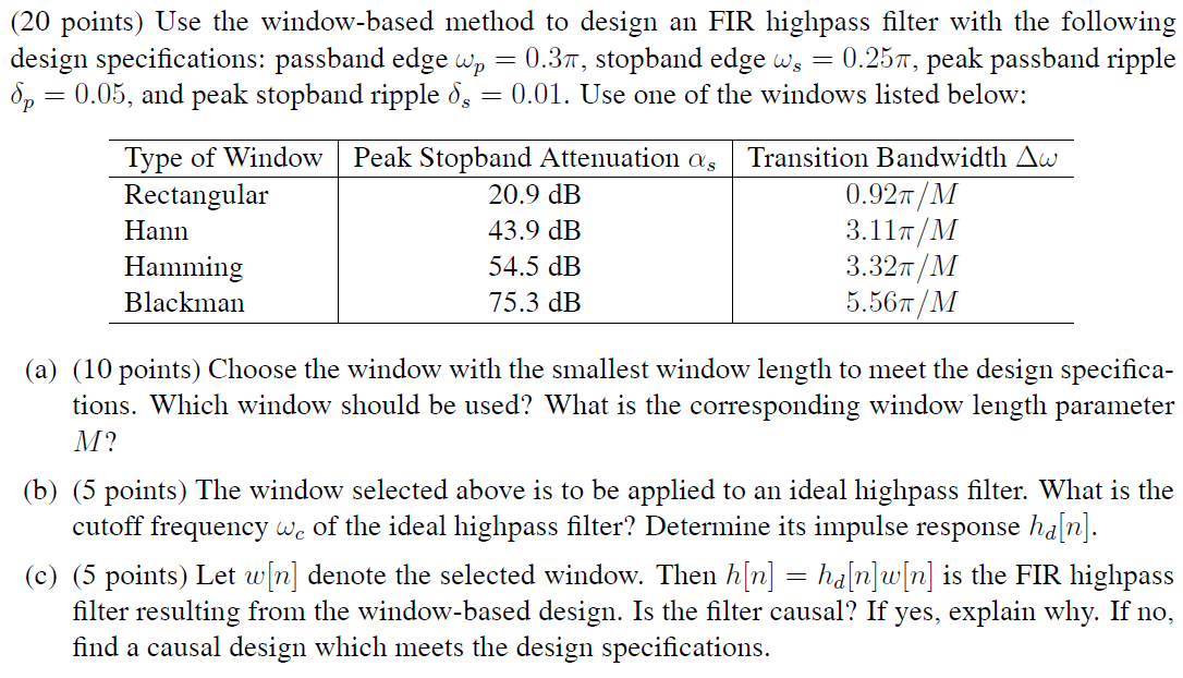 Solved Use the window-based method to design an FIR highpass | Chegg.com