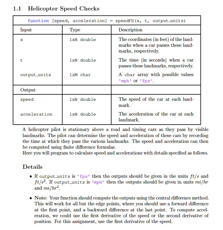 1.1 Helicopter Speed Checks function [speed, | Chegg.com