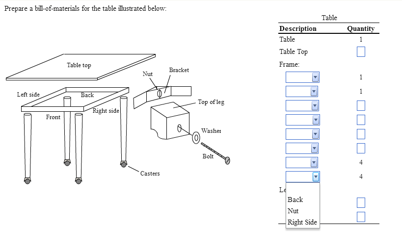 Solved Prepare a bill-of-materials for the table ilustrated | Chegg.com Solved Prepare a bill-of-materials for the table ilustrated | Chegg.com
