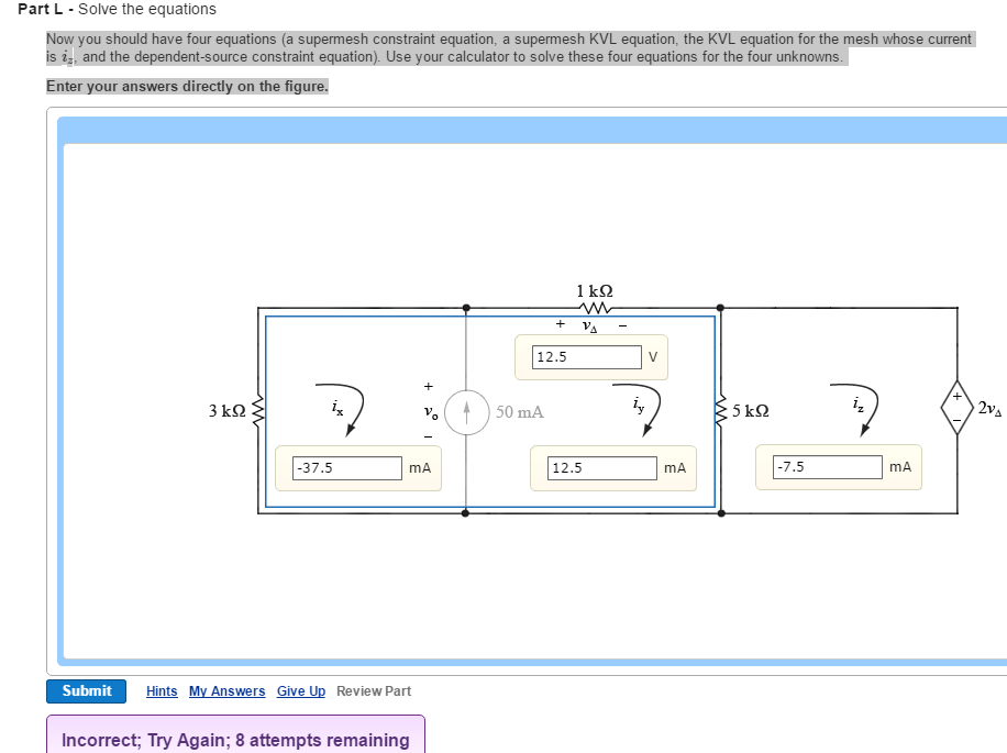 Solved Now you should have four equations (a supermesh | Chegg.com