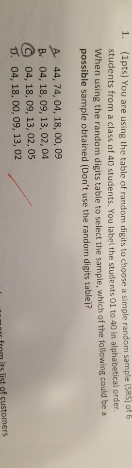 Solved 1. (1pts) You are using the table of random digits to | Chegg.com