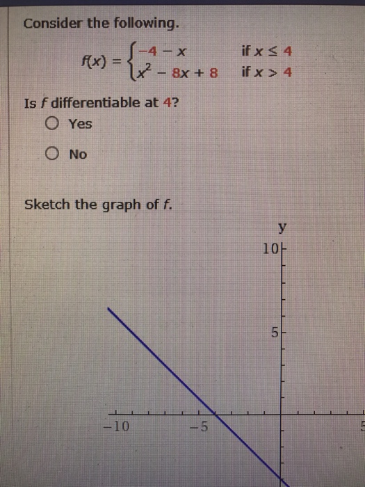 Solved Consider the following. f(x) = {-4 - x if x | Chegg.com