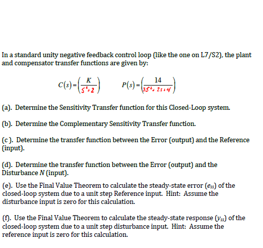 Solved In a standard unity negative feedback control loop | Chegg.com