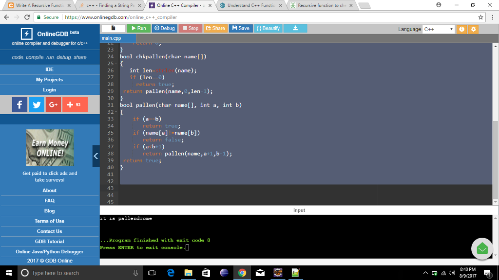 Question And Answer Write A Recursive Function Named Ispalindrome That Takes A C String As A
